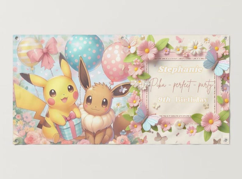 Editable Pikachu and Eevee Birthday Background Party Banner, Wall ...