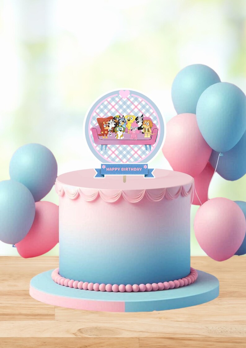 Bluey Birthday Cake Topper: Pink & Blue Printable (PDF File, 4 Sizes ...