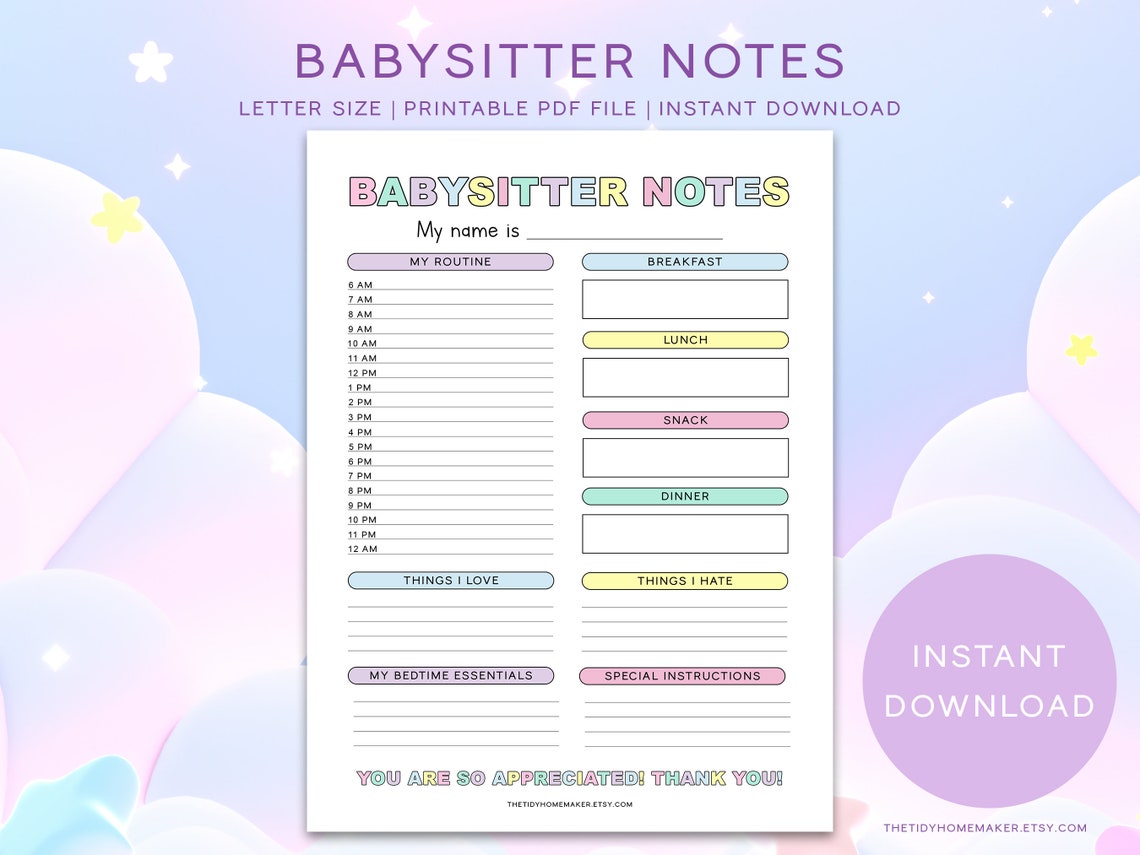 Babysitter Notes, Babysitter Guide, Babysitter Checklist, Babysitter ...