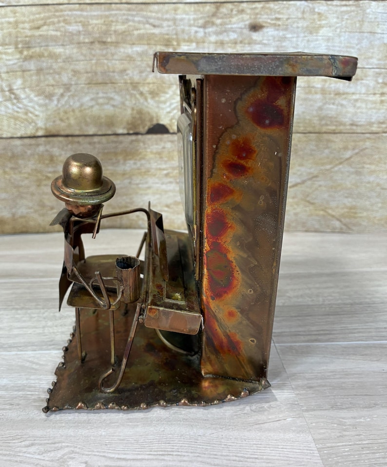 Vintage Music Box Copper Toned Tin Metal Art Sculpture Man Piano Player ...
