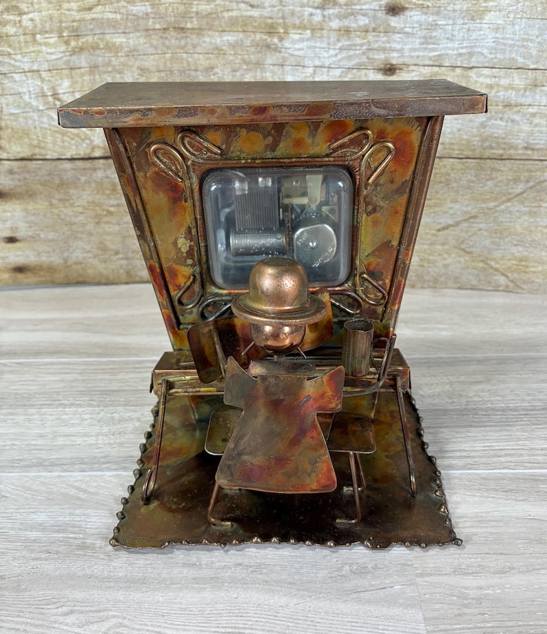 Vintage Music Box Copper Toned Tin Metal Art Sculpture Man Piano Player ...