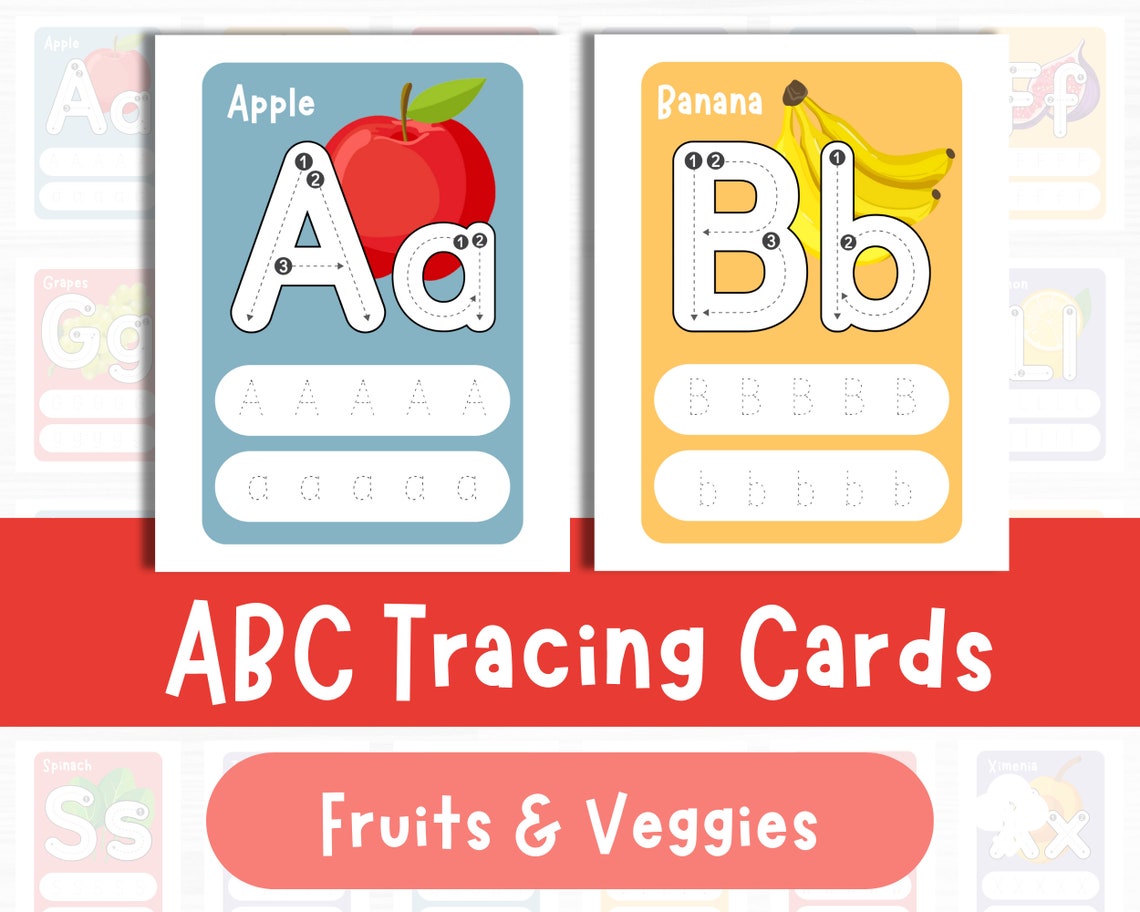 Printable ABC Tracing Cards: Fruits & Veggies Handwriting Practice (PDF ...