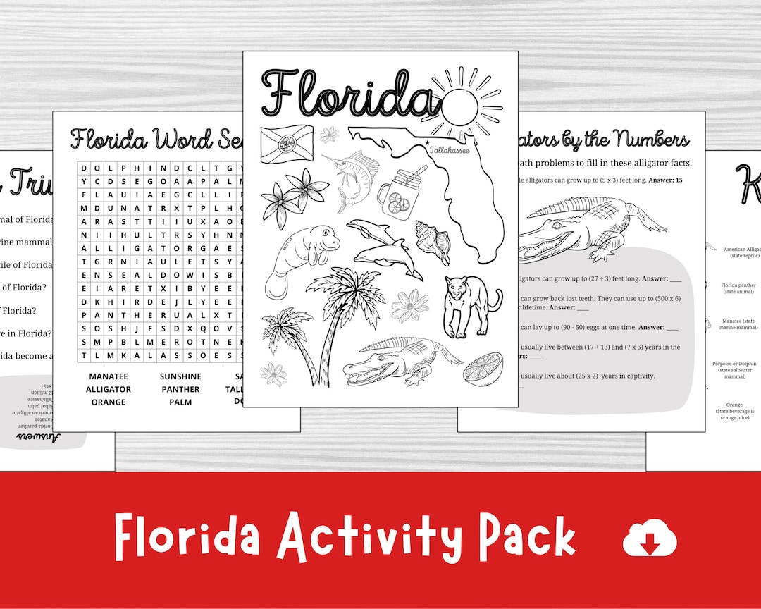 Set of 5 Florida Worksheets, State of Florida Printable, Word Search ...