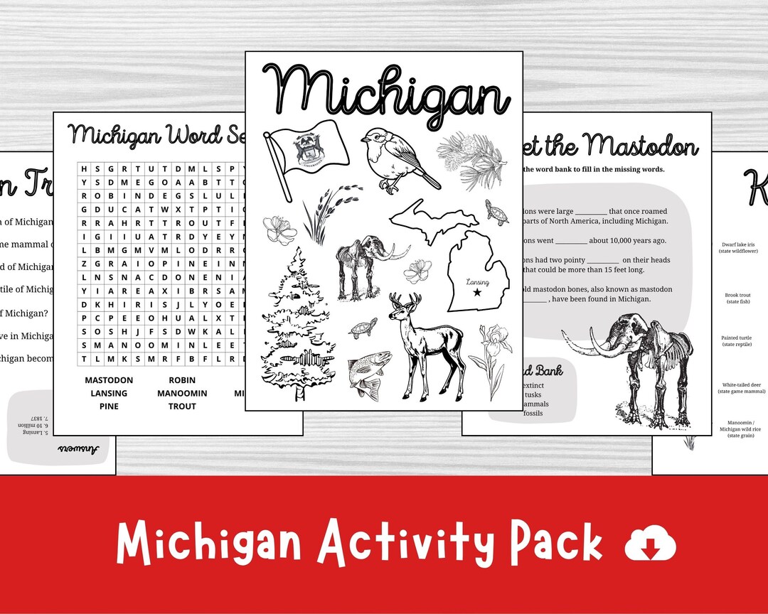 Set of 5 Michigan Worksheets, State of Michigan Printable, Word Search ...