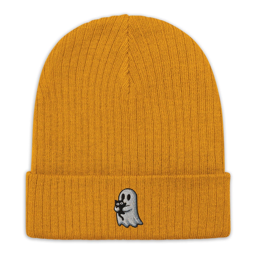 Elder Emo Cute Gothic Ghost Cat Embroidered Ribbed Knit Beanie Hat, Alt ...
