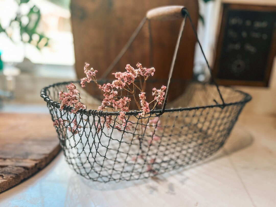 Vintage Wire Basket With Oak Handle, French Wire Oyster, Oyster Basket ...