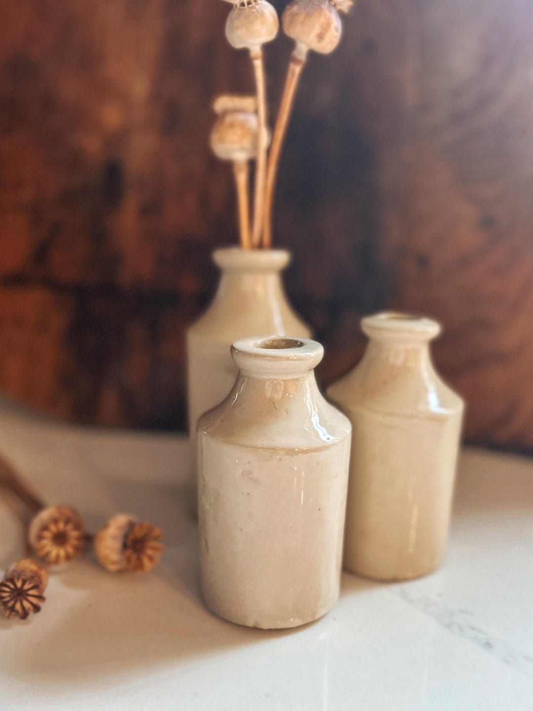 Vintage Set of 3 Stoneware Vases, Stoneware Vase, Stoneware, Country ...