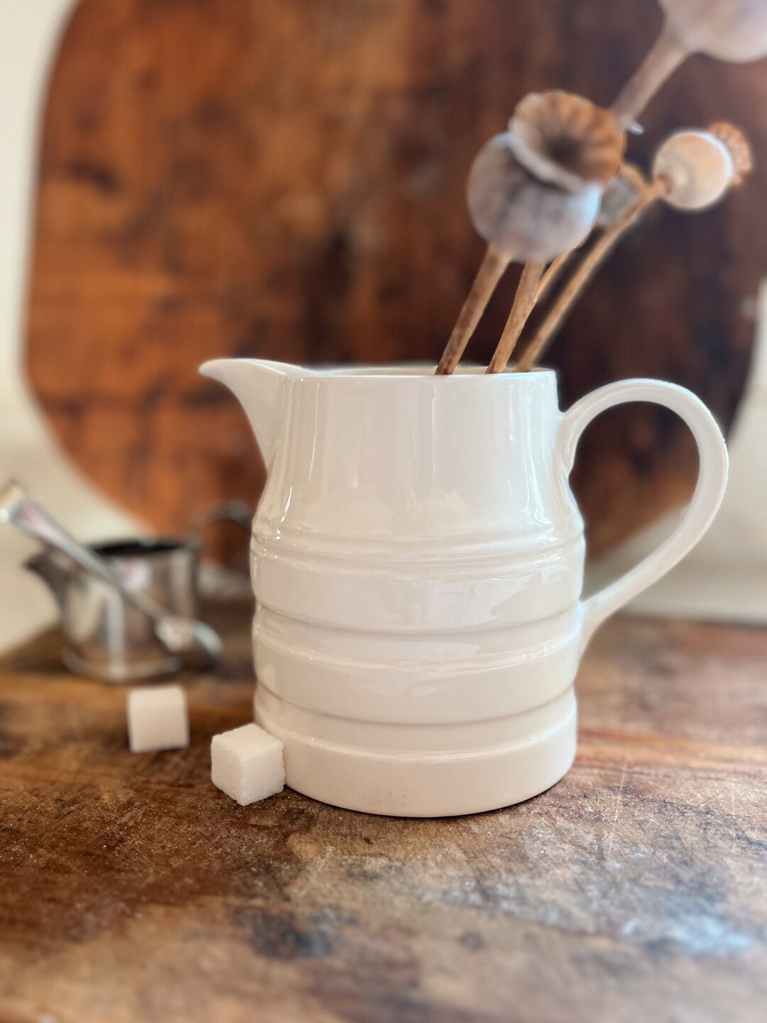 Vintage White Jug, Vintage Ribbed Jug, Farmhouse Decor, Vintage Pottery ...