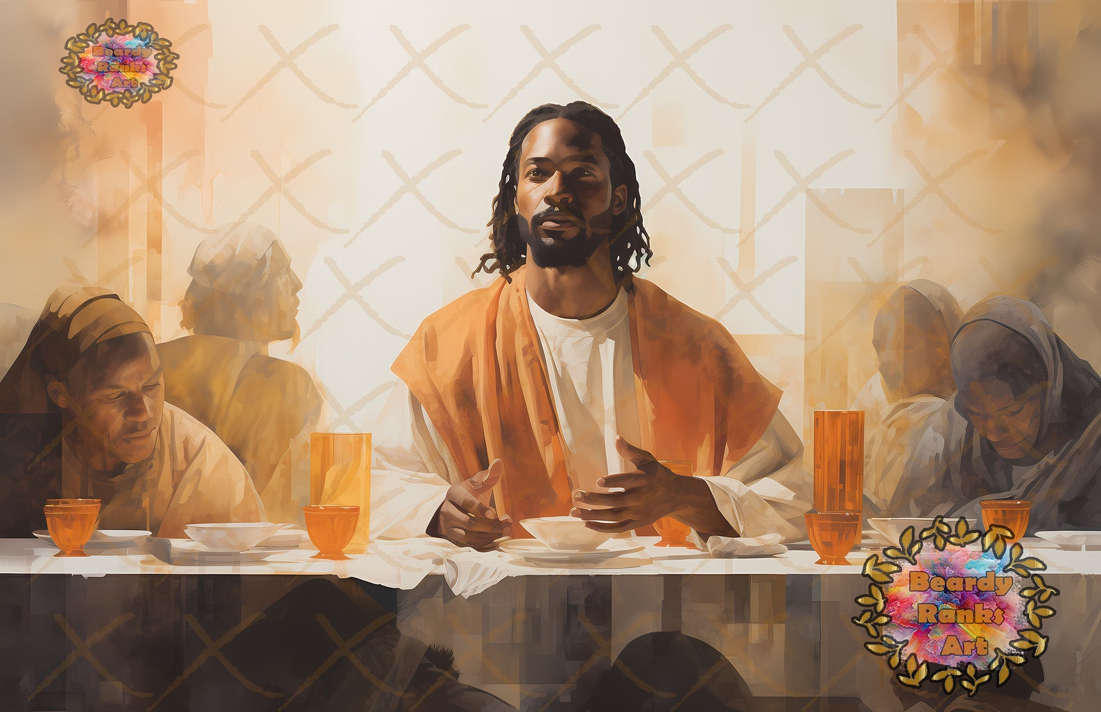 4 Black Jesus Last Supper Water Painted Landscape Prints, Brown Jesus ...