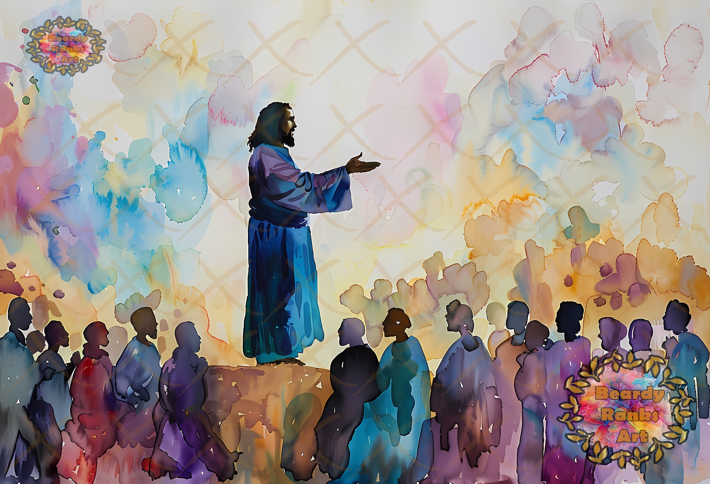 Schwarzer Jesus Predigt auf der Bergleinenwandkunst, Jesus-Wandkunst ...
