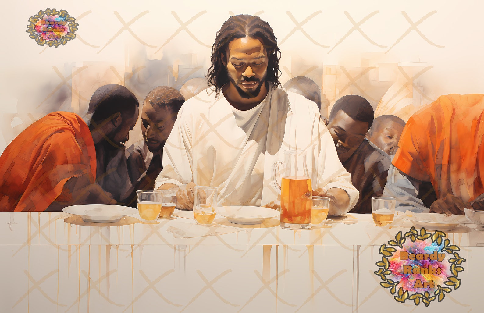 4 Black Jesus Last Supper Water Painted Landscape Prints, Brown Jesus ...