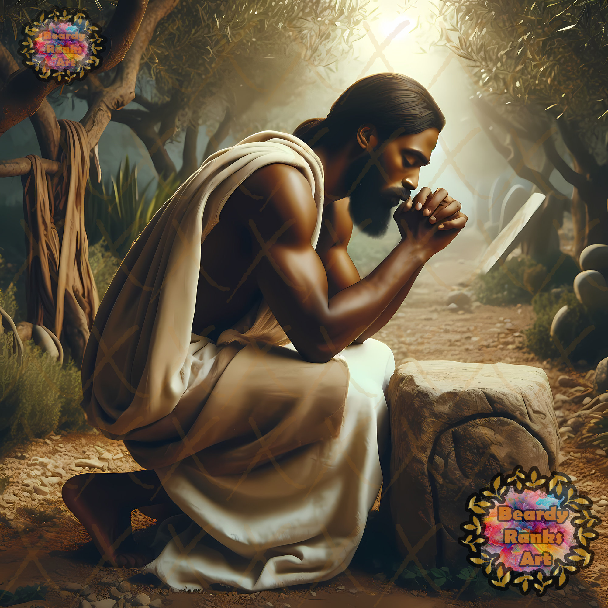 Black Jesus Praying Before Arrest Prints, Christian Wall Decor, Brown ...