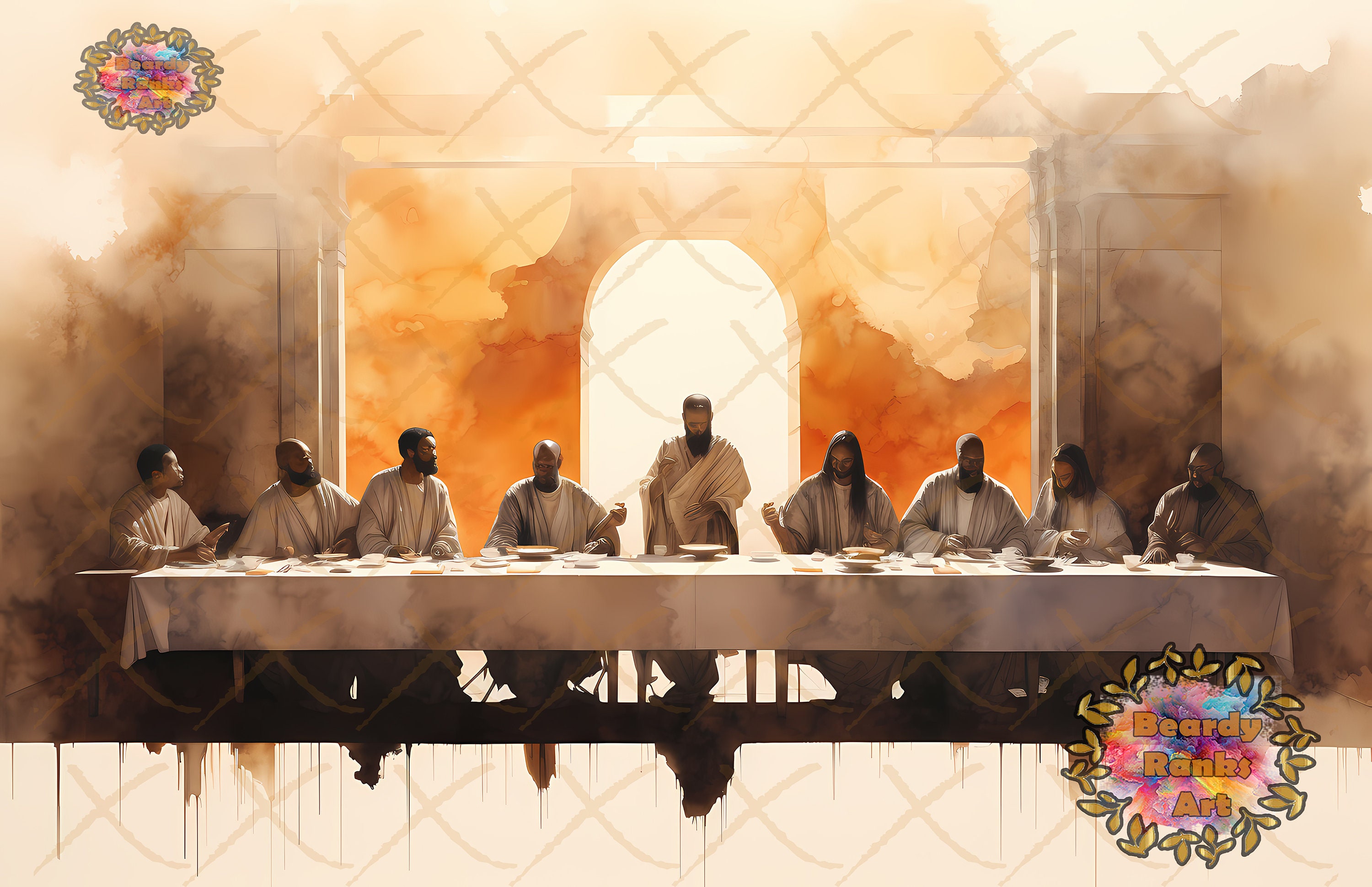 4 Black Jesus Last Supper Water Painted Landscape Prints, Brown Jesus ...
