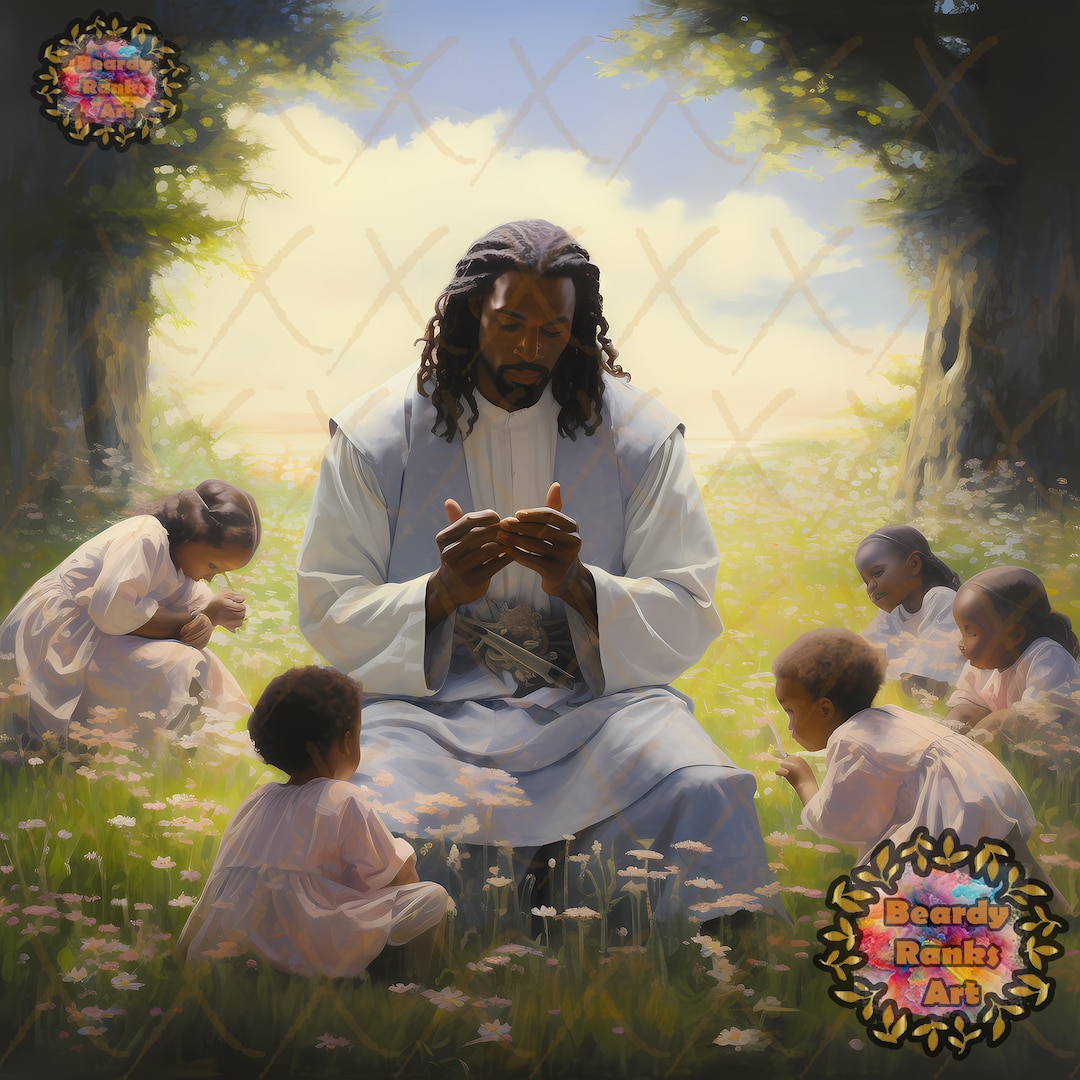 Black Jesus Teaching Little Children How to Pray, Religious Wall Décor ...