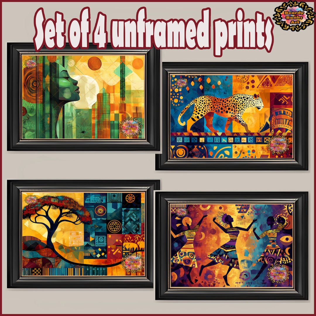 4 Colorful African Art Prints, Afrocentric Wall Decor, Vibrant Abstract ...