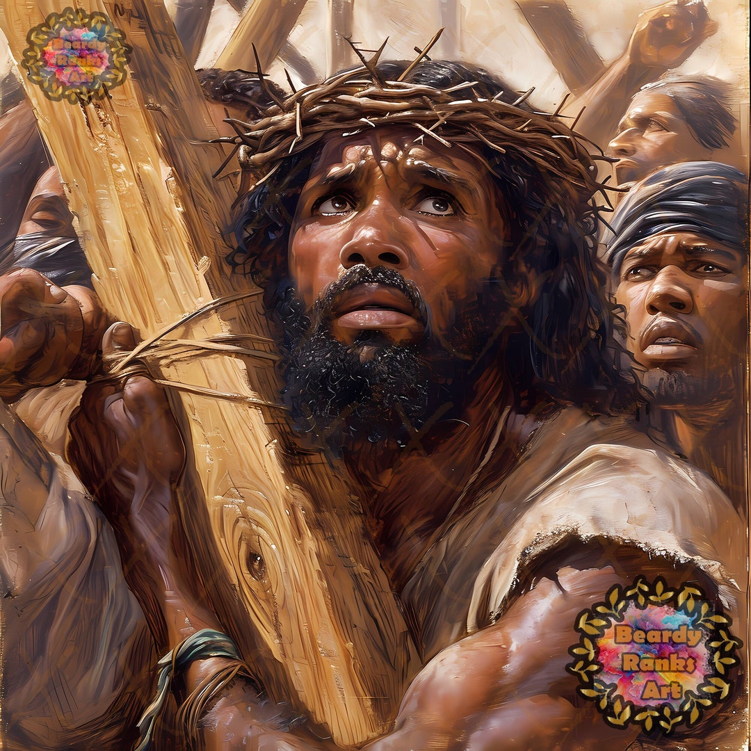 Black Jesus Carrying Cross Prints, Brown Skin Jesus Wall Art, Christian ...