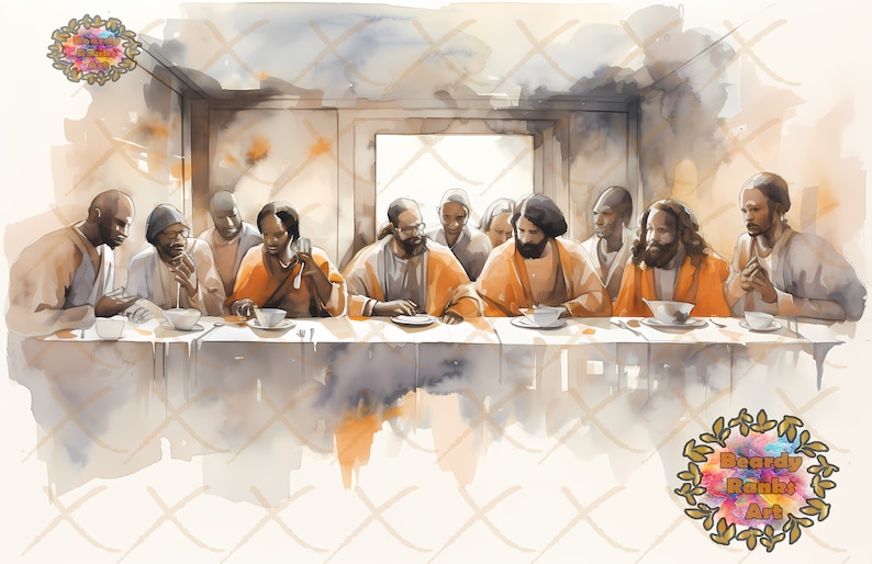 4 Black Jesus Last Supper Water Painted Landscape Prints, Brown Jesus ...
