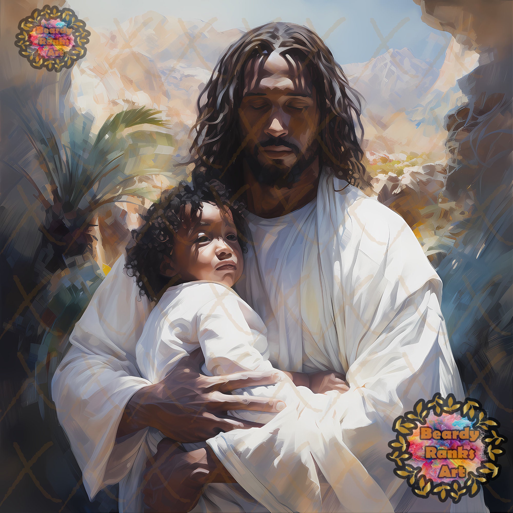 Black Jesus Hugging A Little Child Canvas Wall Art, Black Christian ...