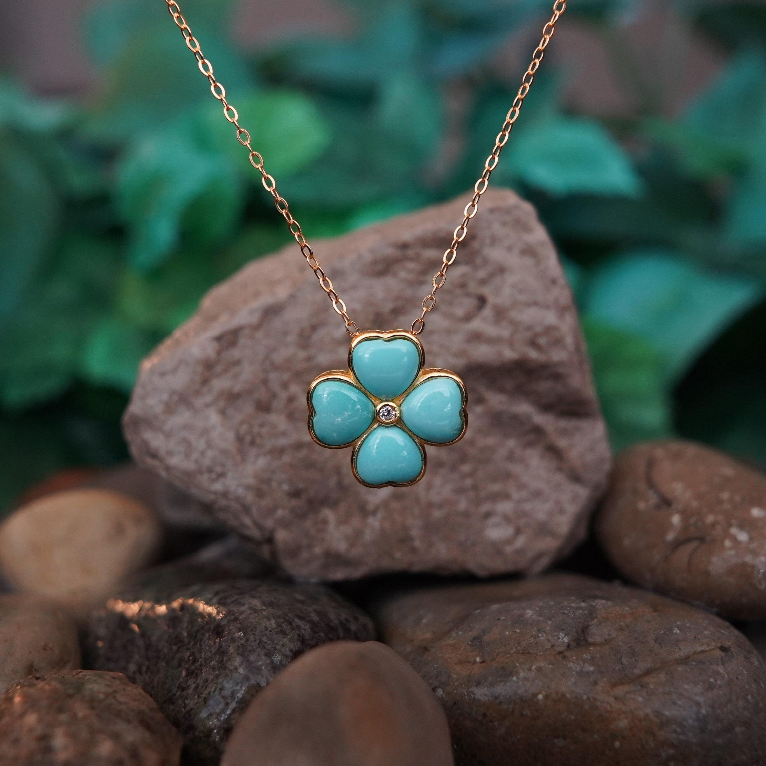 Blue Turquoise Clover Necklace Stunning Blue Gemstone Pendant Perfect Gift for Birthdays and Special Occasions