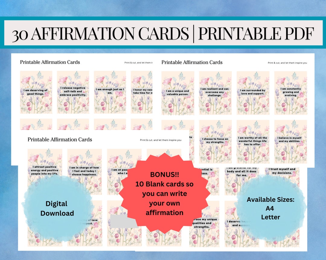Floral Inspired Affirmation Cards - 30 Printable Self-love Cards + 10 ...