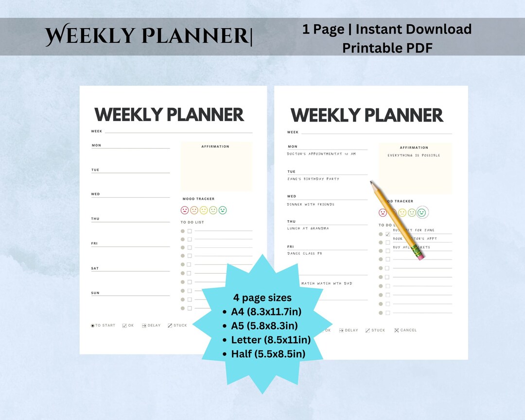 Weekly Planner | Printable Weekly To-do-list | A4, A5, Letter, Half PDF ...