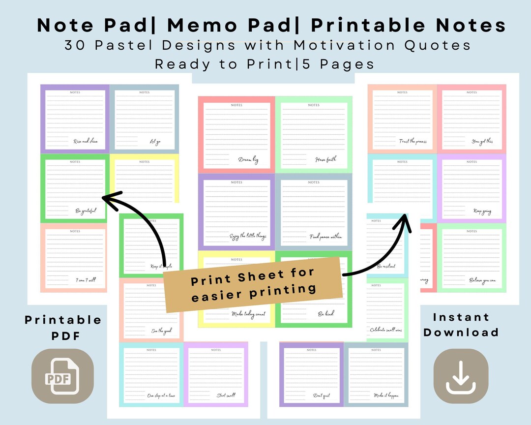 Printable Note Pad | Memo Pad | 30 Pastel Designs With Motivation ...