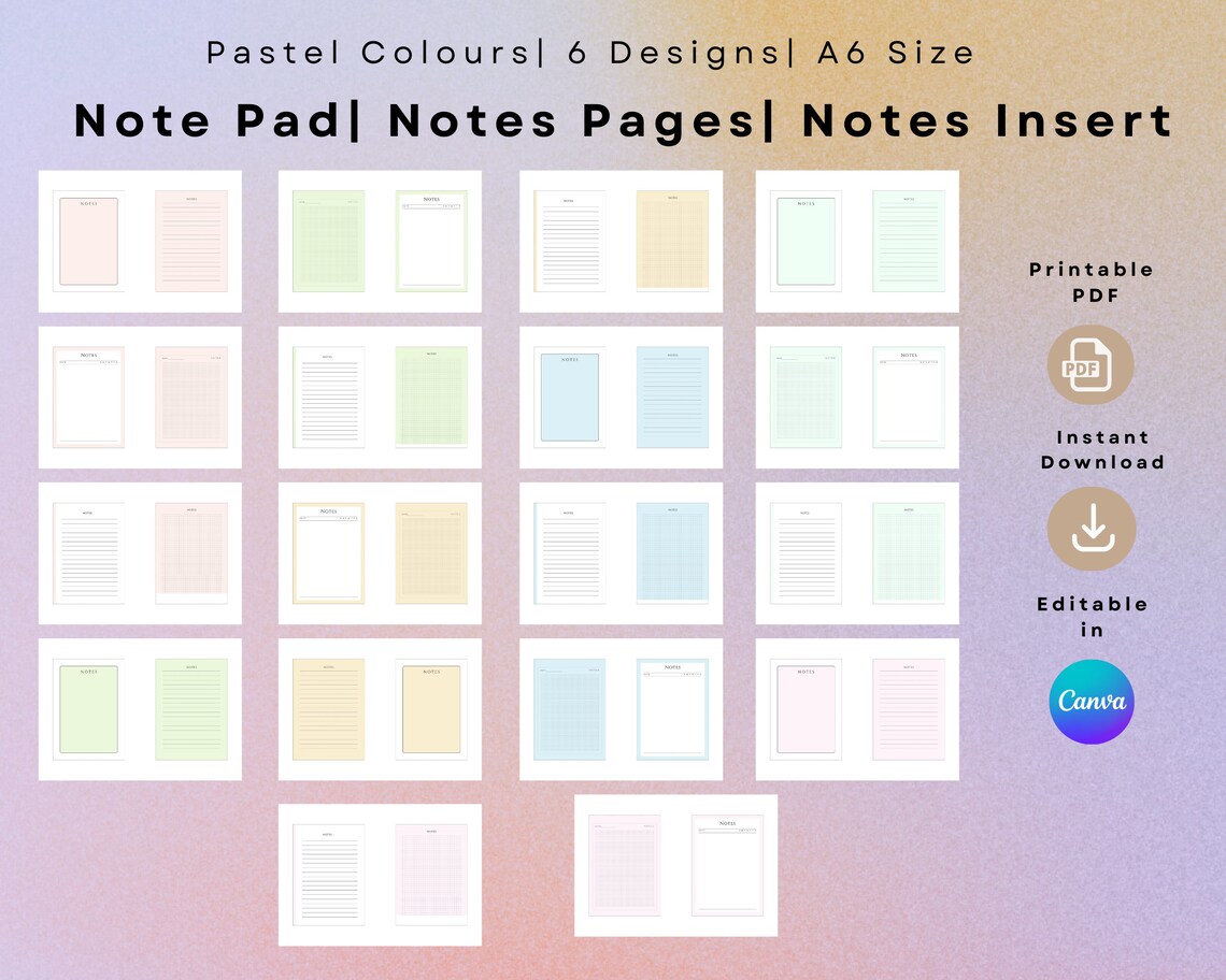 A6 Printable Note Pad | 6 Designs | Pastel Colours | Editable Canva ...