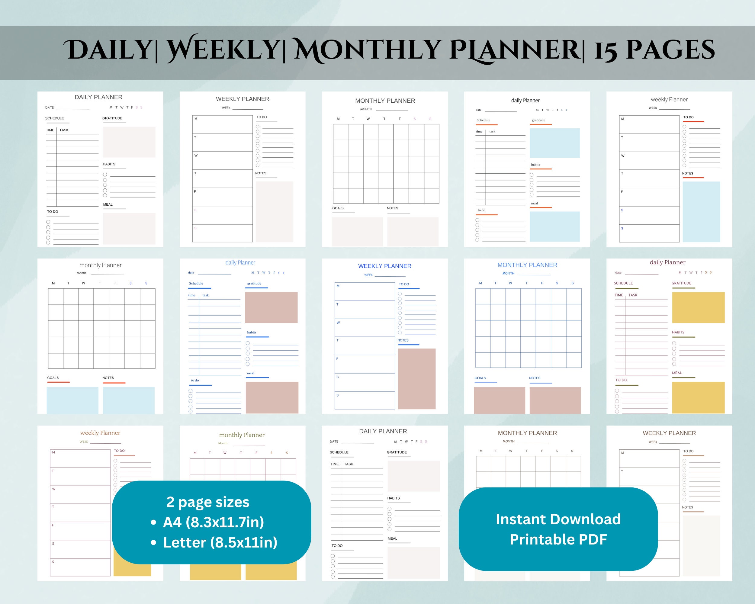 Printable Planner Bundle: Daily, Weekly, Monthly, A4 & Letter (instant ...