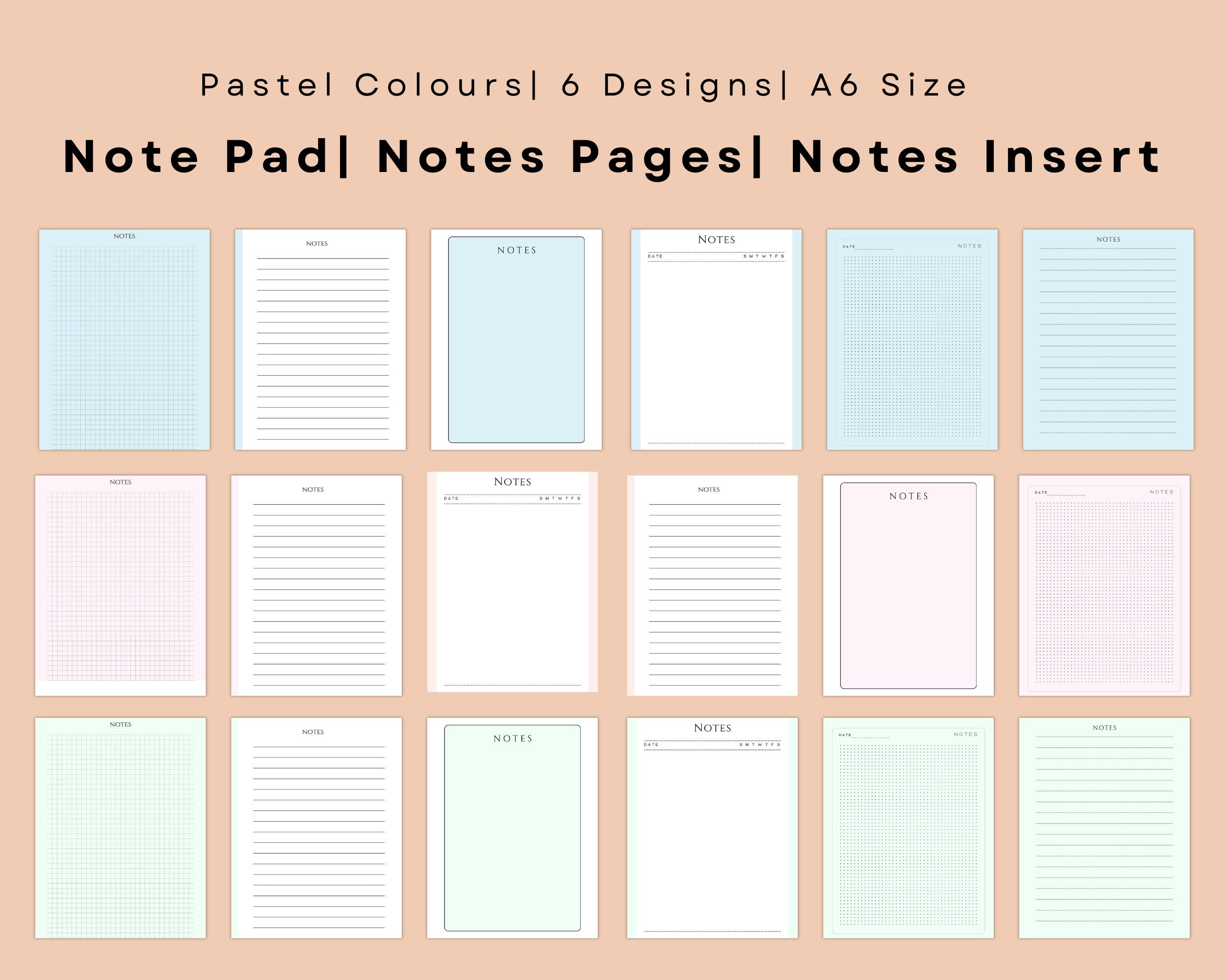 A6 Printable Note Pad | 6 Designs | Pastel Colours | Editable Canva ...