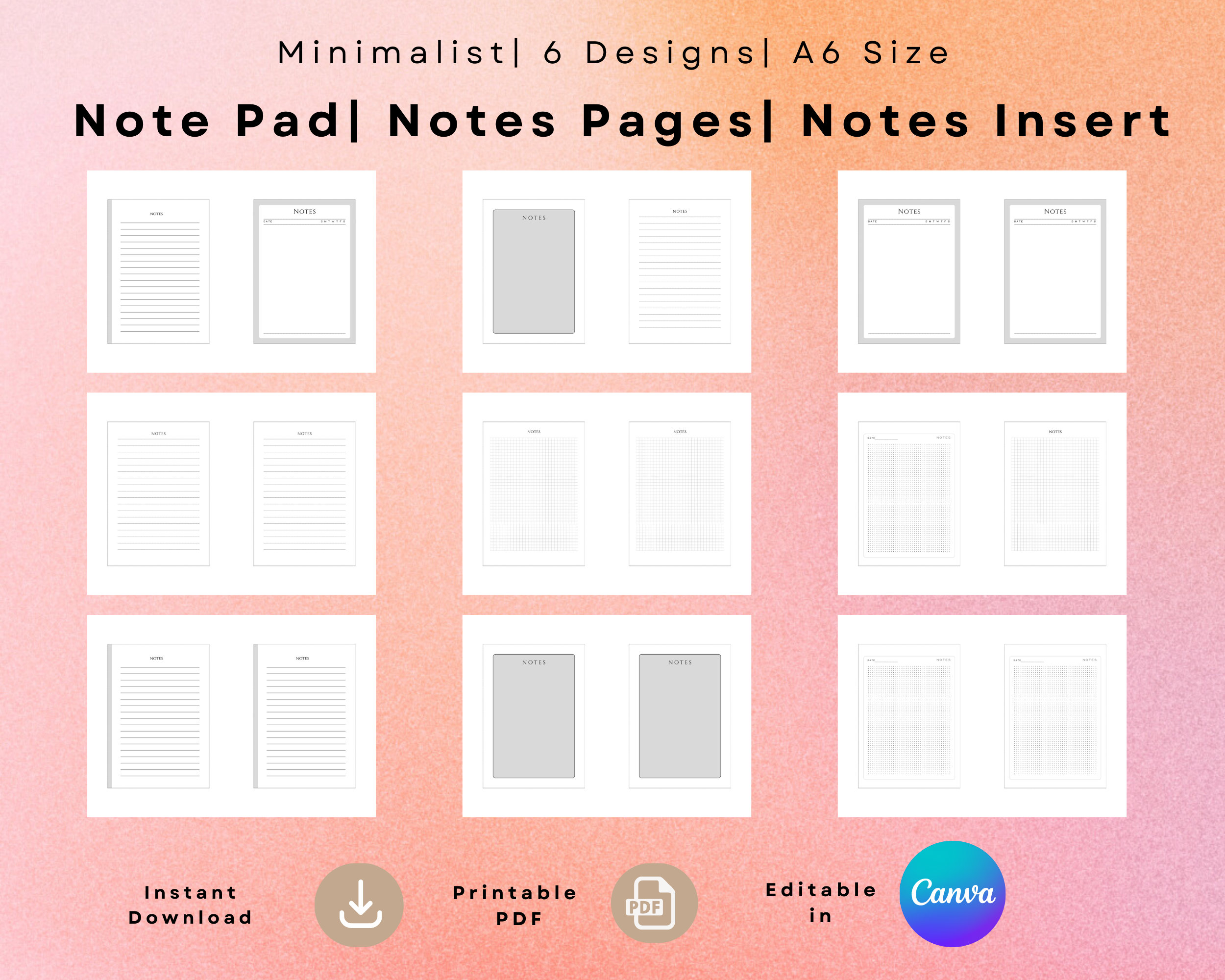 A6 Minimalist Printable Note Pad | Editable Canva Template ...