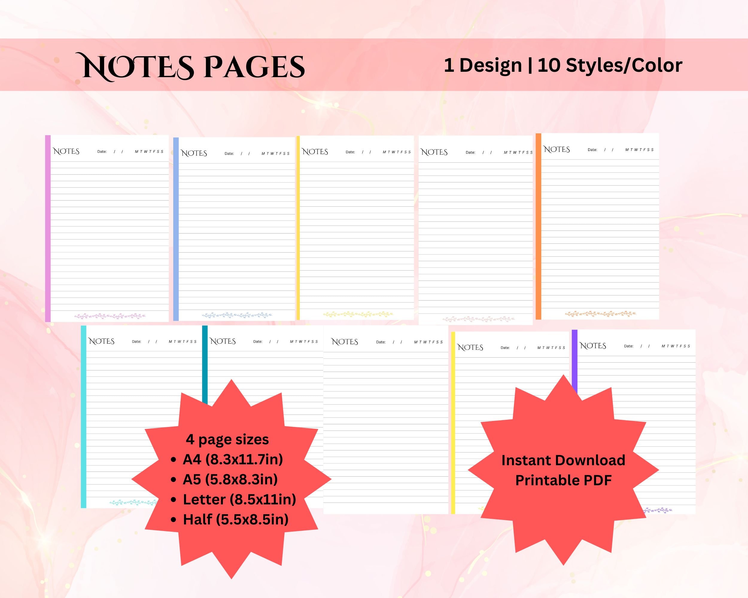 Printable Lined Notes Page: A4, A5, Letter, Half Size (PDF Download) - Etsy