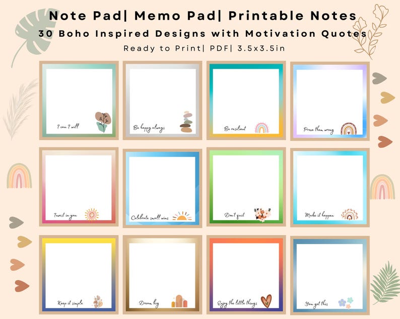Printable Note Pad: 30 Boho Designs With Motivation Quotes |PDF | 3.5x3 ...