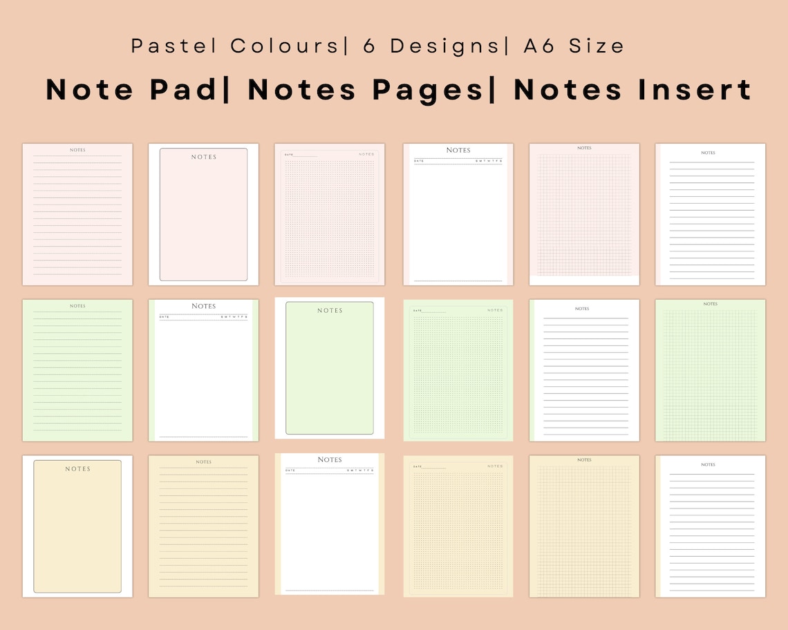 A6 Printable Note Pad | 6 Designs | Pastel Colours | Editable Canva ...