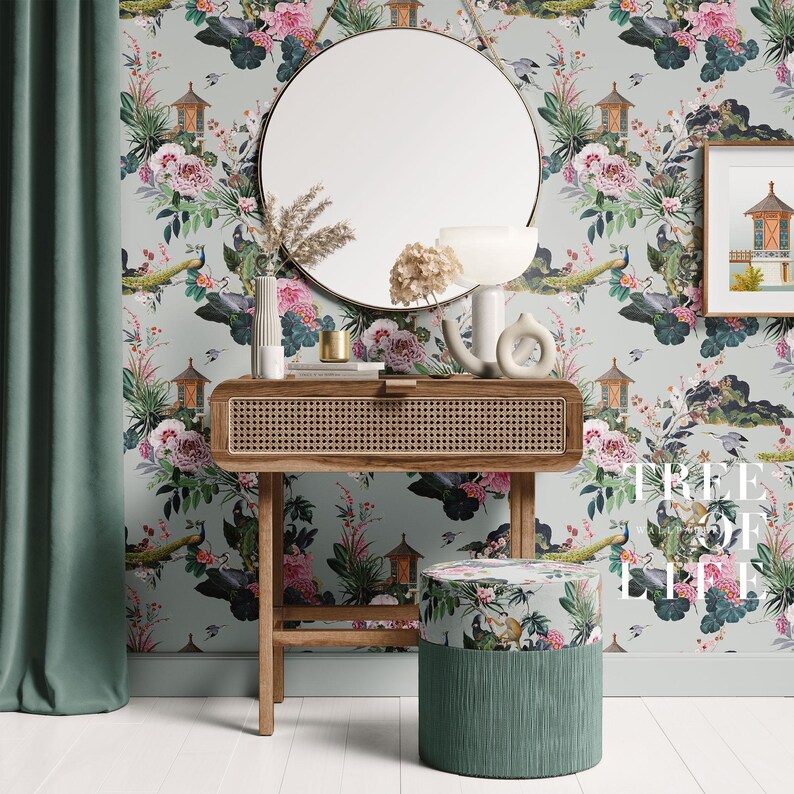 Tree of Life Wallpaper: Chinoiserie Botanical Mural With Birds (peel ...