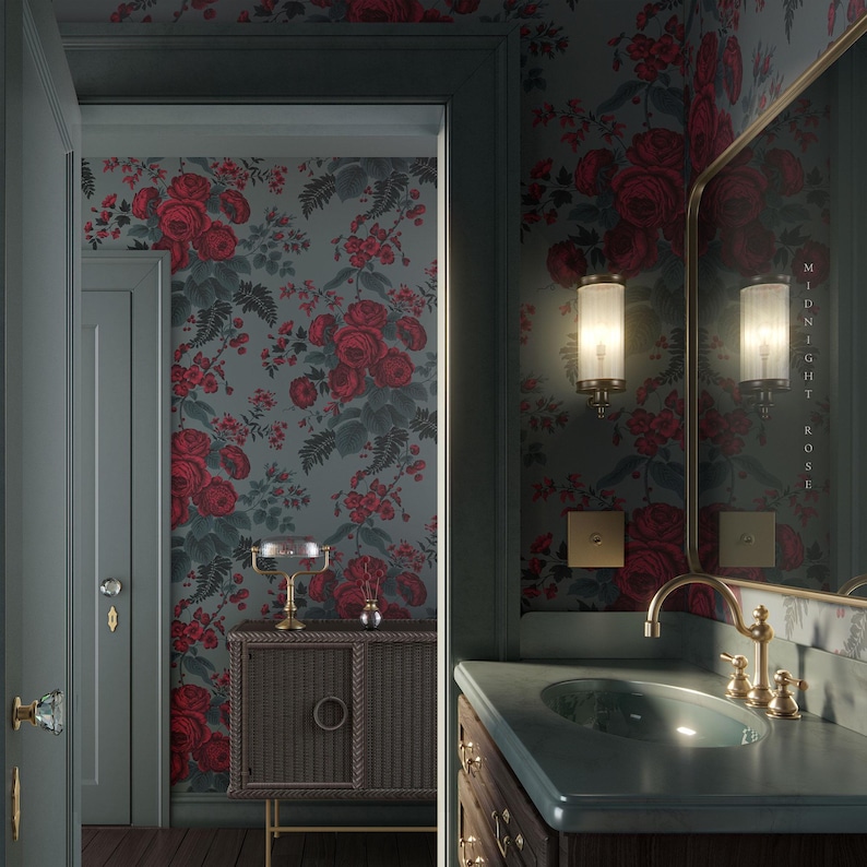 Midnight Rose Wallpaper – Dark Floral Wallpaper With Red Roses on Deep ...