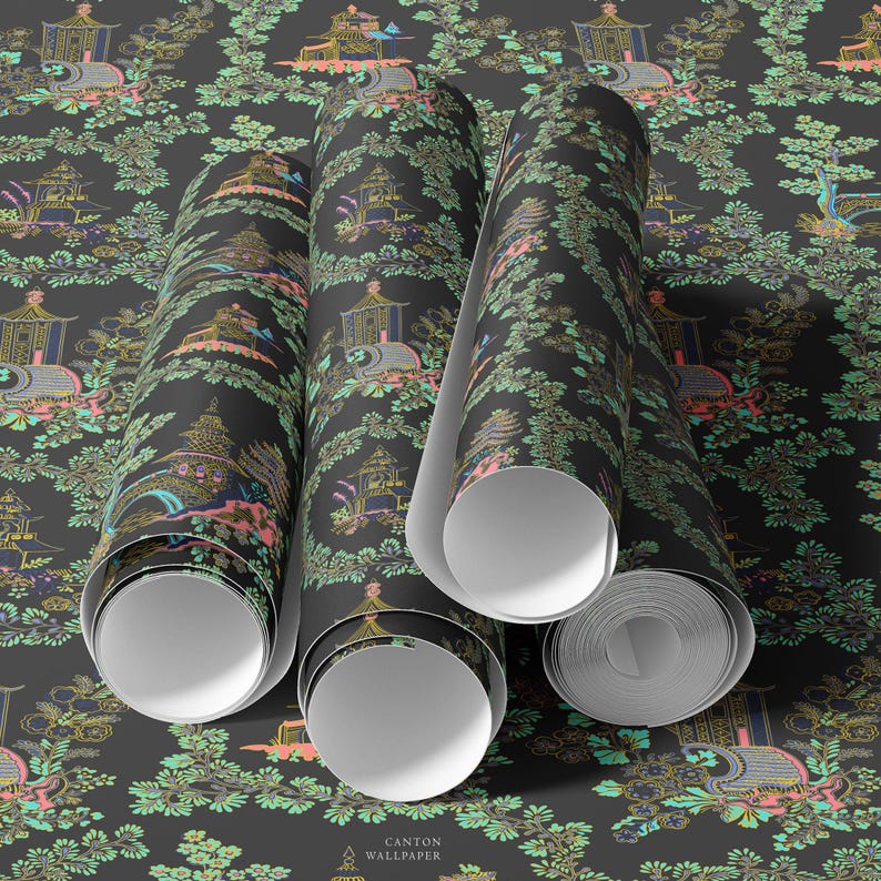Canton Black Chinoiserie Wallpaper: Oriental Garden Wall Mural, Black ...