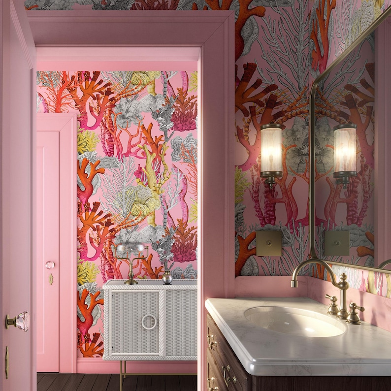 Sublime Oasis Coral Reef Wallpaper: Tropical Marine Wall Mural, Pink ...