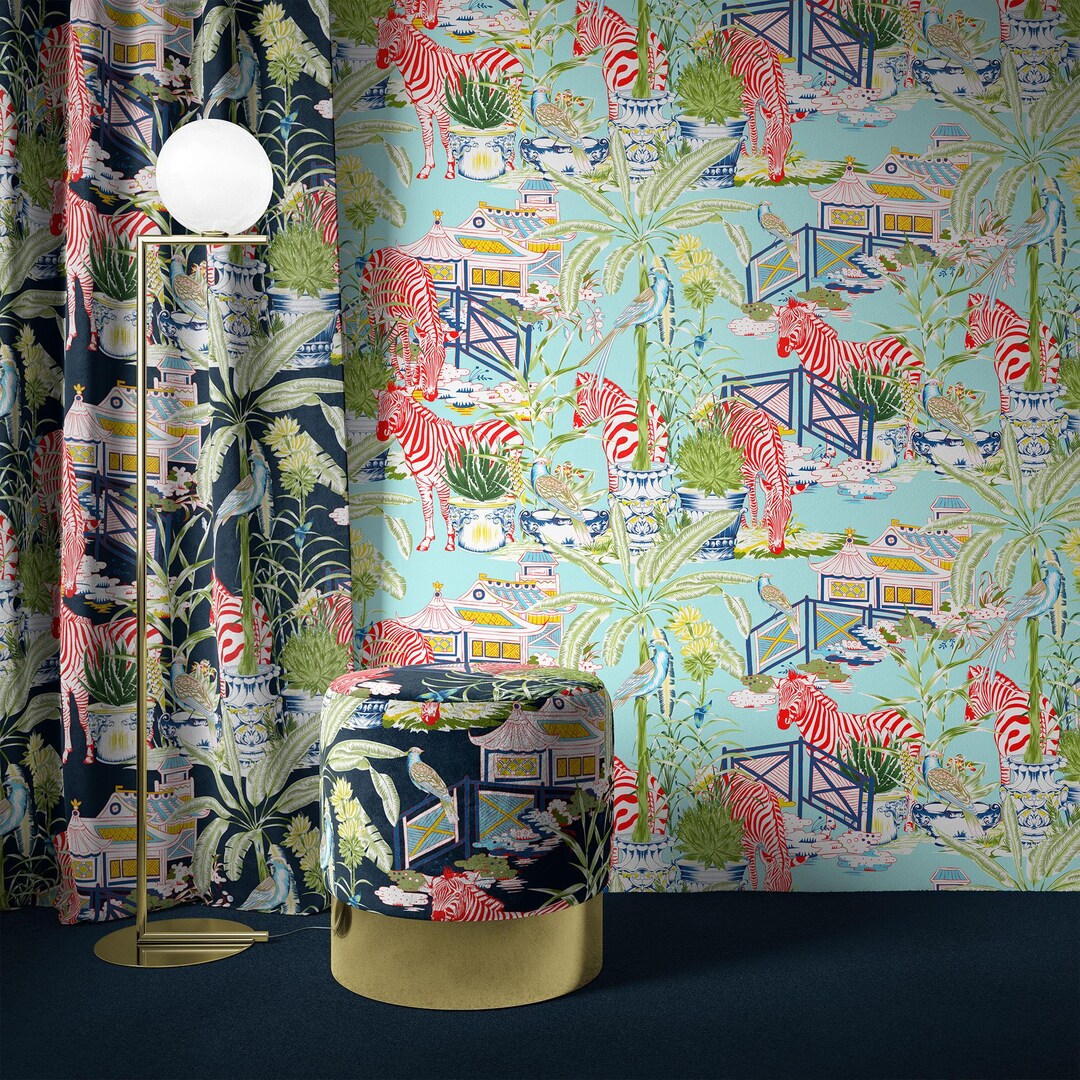 Tropical Zebra Chinoiserie Wallpaper on Aqua Blue | Red Zebras, Pagodas ...