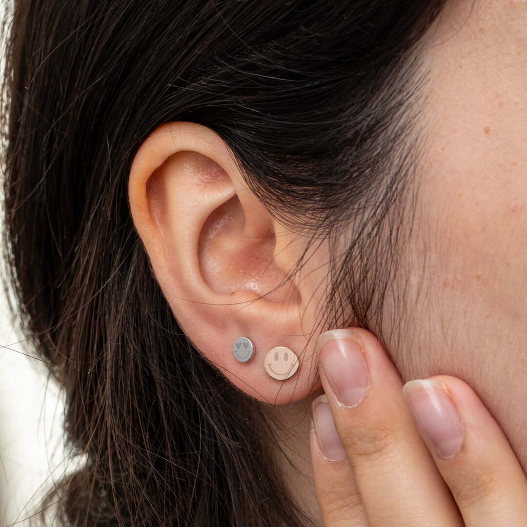 Smiley Face Stud Earrings 14k 18k Solid Gold, Tiny Smile Face Disc ...