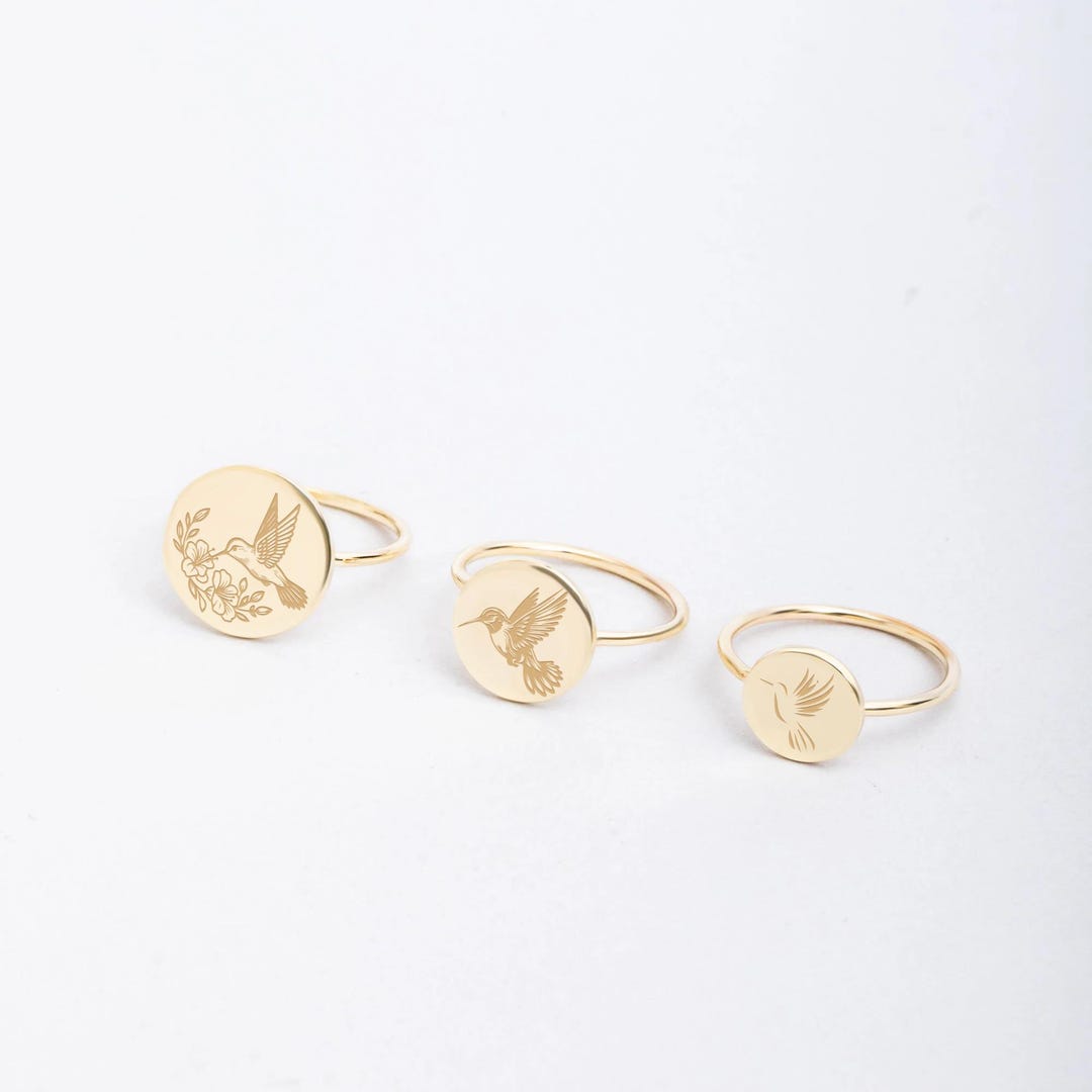 10K 14K & 18K Solid Gold Hummingbird Engraved Signet Ring, Nature ...