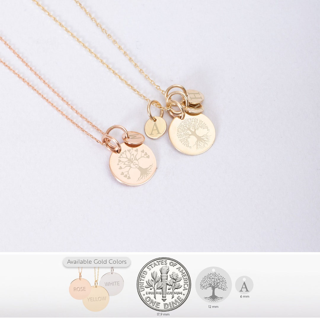 Personalized Family Tree Necklace With Initial Tags 14K Solid Gold ...