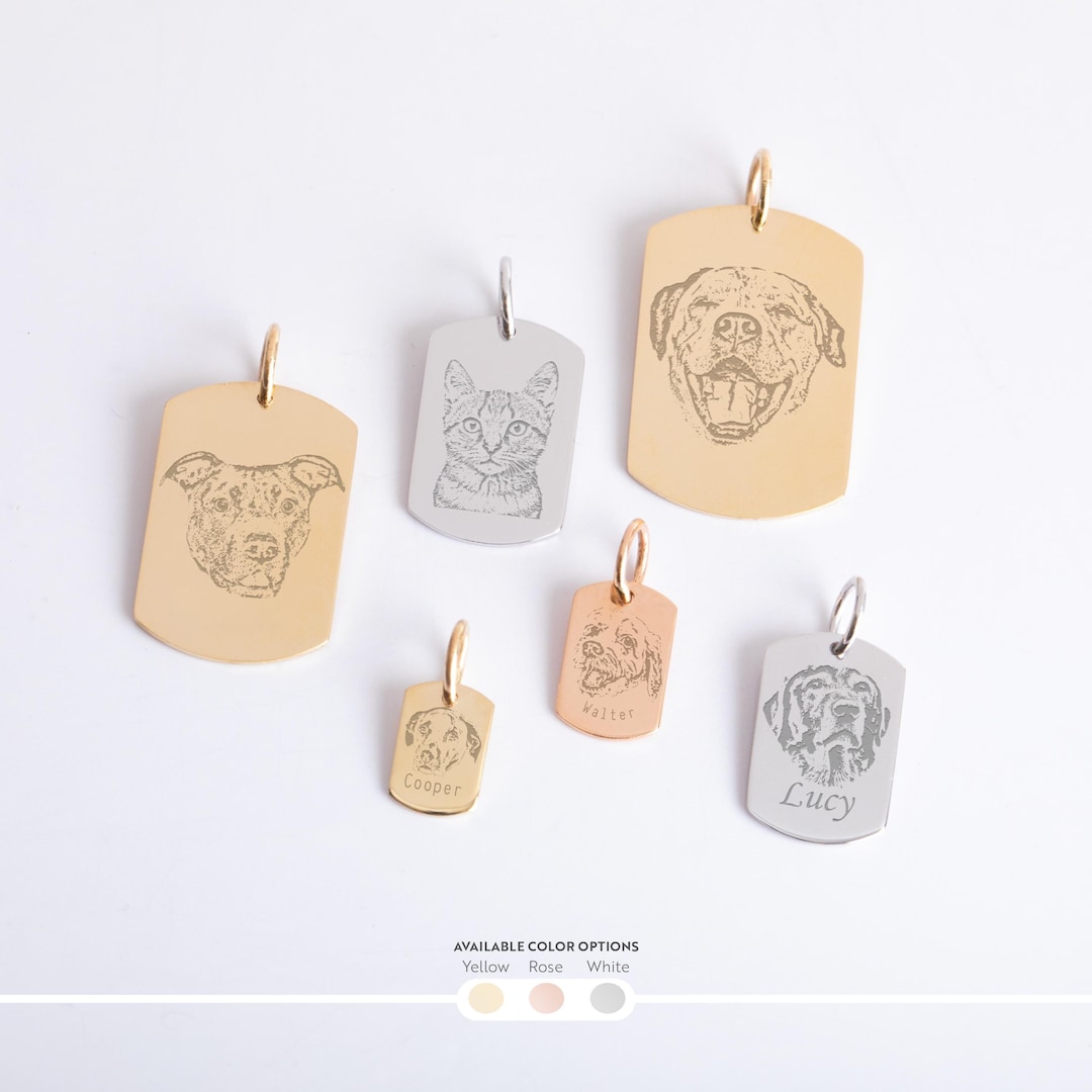 14k Gold Custom Dog Tag & Rectangle Pendant, Personalized Pet Photo ...