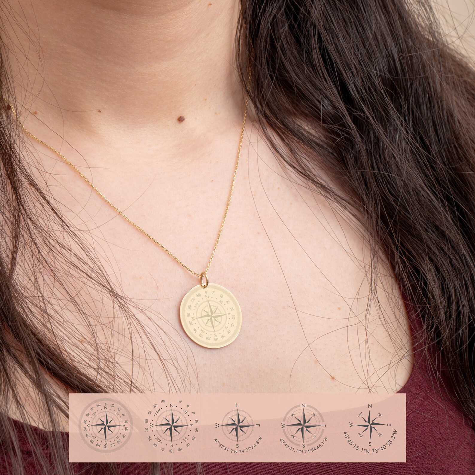 Personalized Compass Disc Necklace 14k Real Solid Gold, Custom Latitude ...