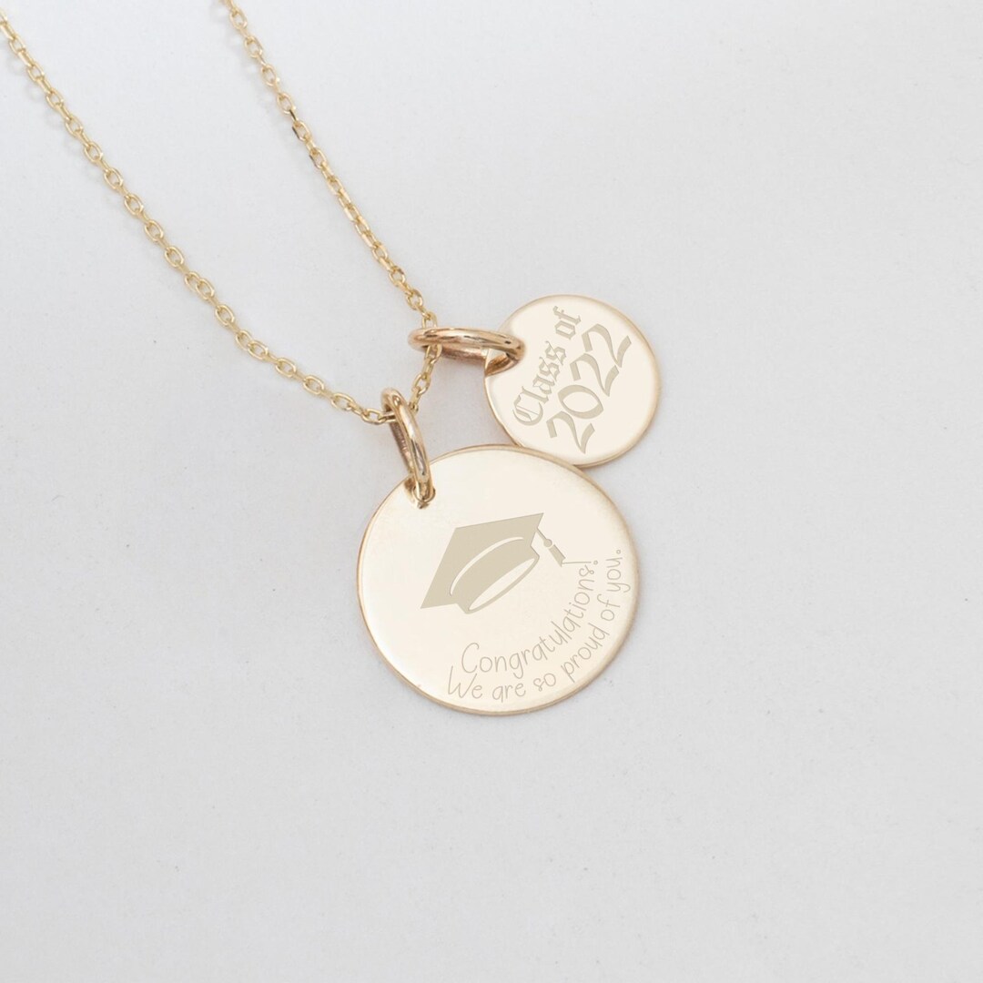 Custom Graduation Disc Necklace 14K 18K Solid Gold, Name Necklace ...