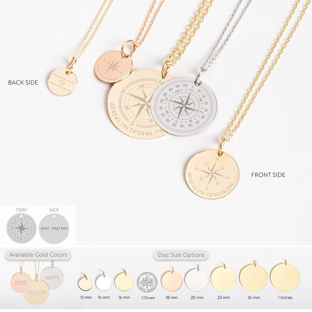 Personalized Compass Disc Necklace 14k Real Solid Gold, Custom Latitude ...