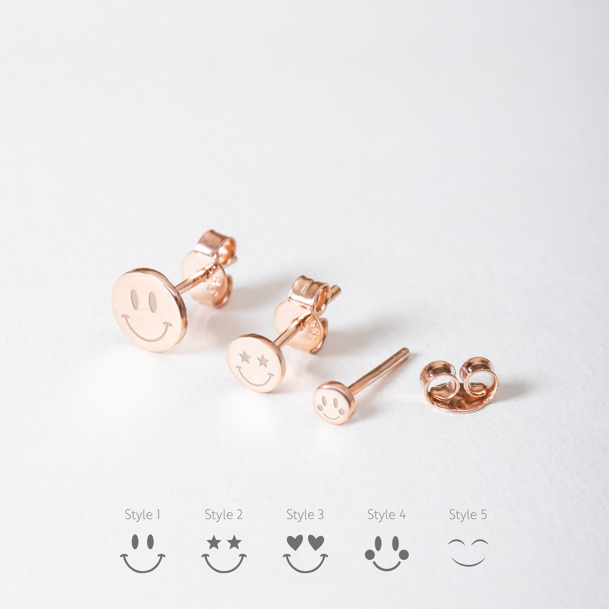 Smiley Face Stud Earrings 14k 18k Solid Gold, Tiny Smile Face Disc ...