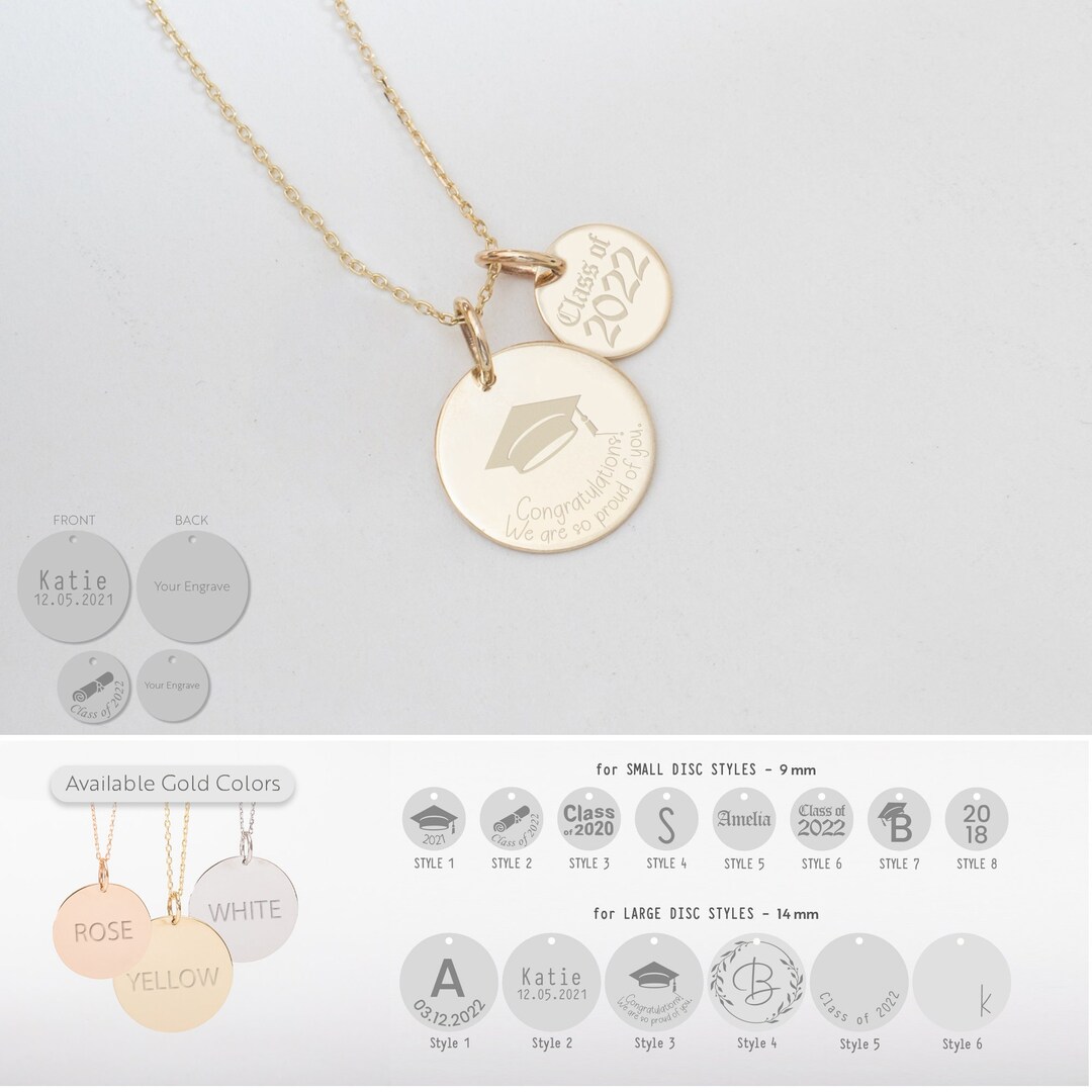 Custom Graduation Disc Necklace 14K 18K Solid Gold, Name Necklace ...
