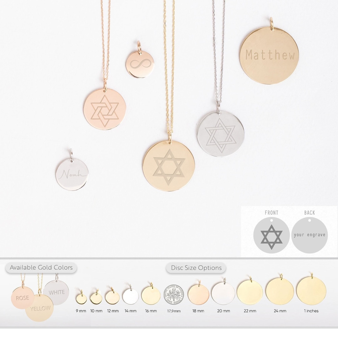 Star of David Disc Necklace 14k Real Solid Gold, Magen David Kabbalah ...