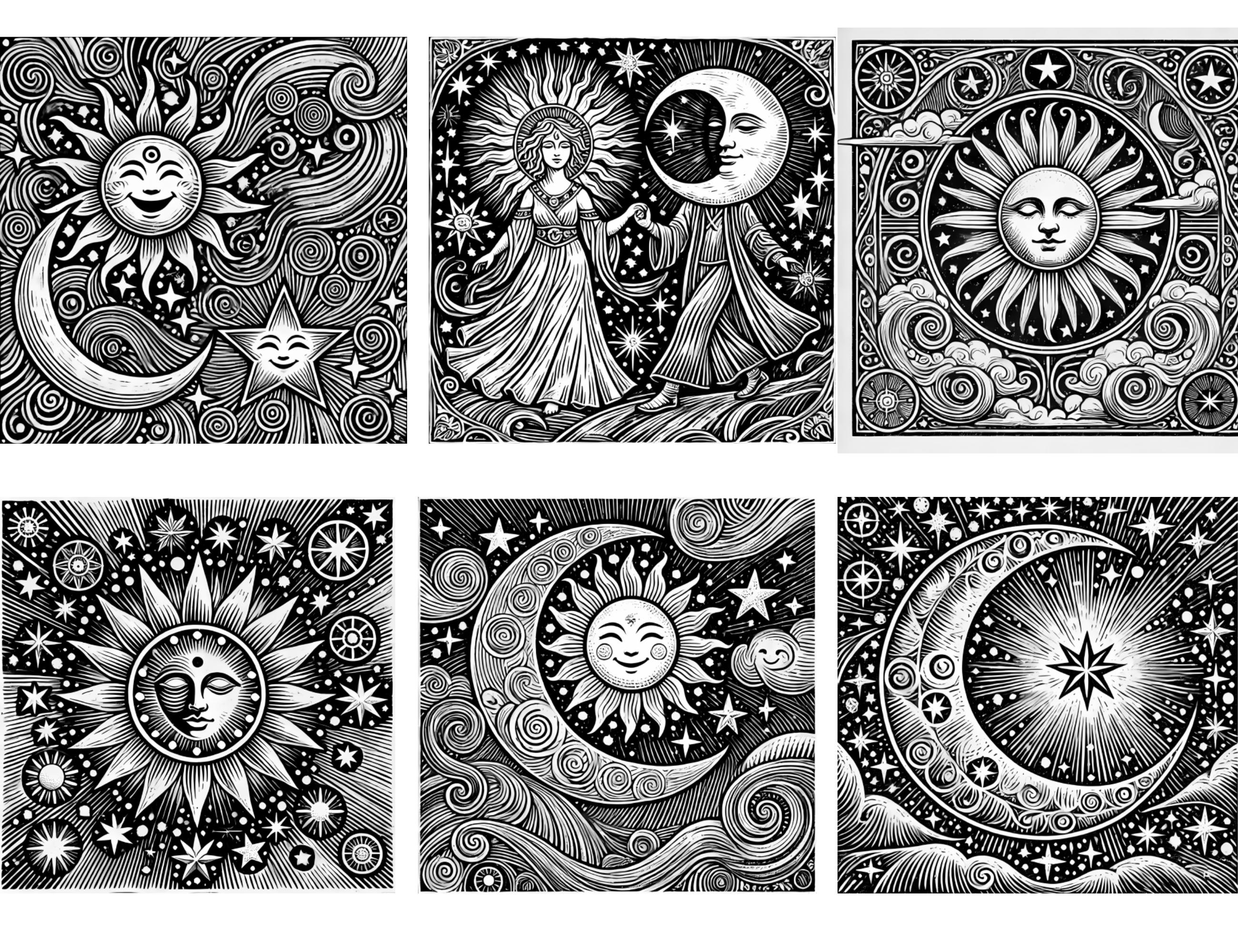 Sun, Moon and Stars Digital Lino Print | Celestial PNG Clip Art ...