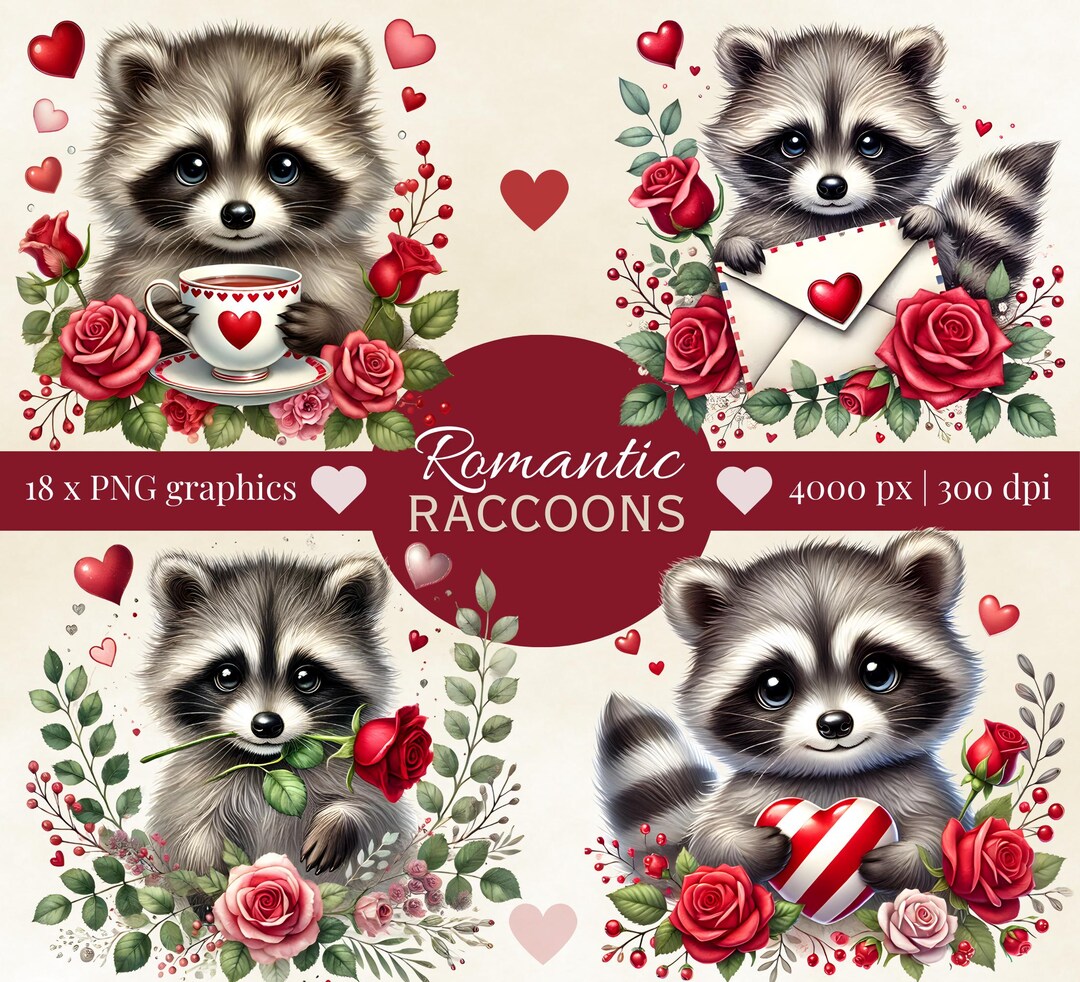 18 Romantic Raccoons With Hearts and Roses | Clipart Set for Raccoon ...